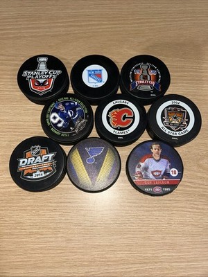 Lot Of 9 NHL Official Logo Hockey Pucks, Multiple team puck | eBay