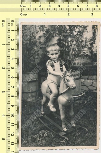Kid Riding Rocking Horse Boy Child Portrait vintage photo original old ...