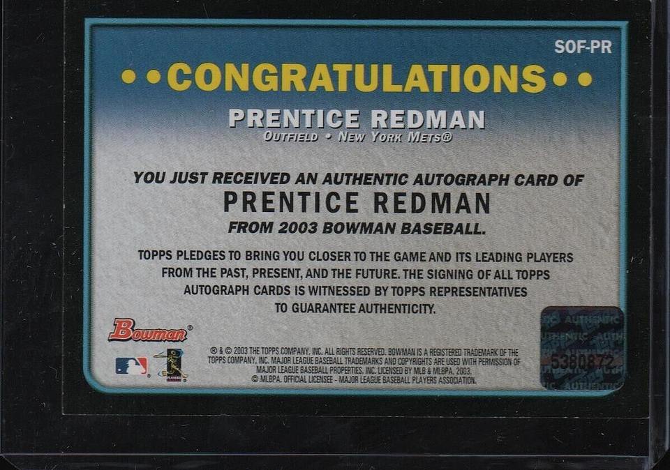 Prentice Redman (Mets) 2003 Bowman Signs of the Future Certified ...