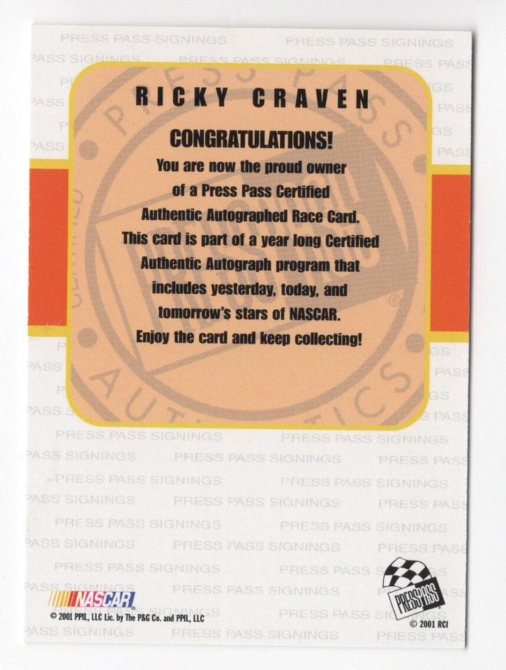 Ricky Craven 2001 Press Pass Signings NASCAR Autograph Card Auto | eBay