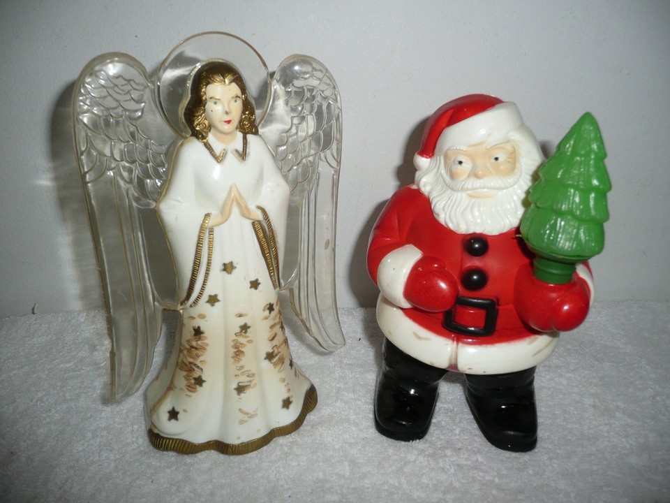 VINTAGE ROYALITE ALL PLASTIC ILLUMINATED CHRISTMAS ANGEL & SANTA CLAUS ...