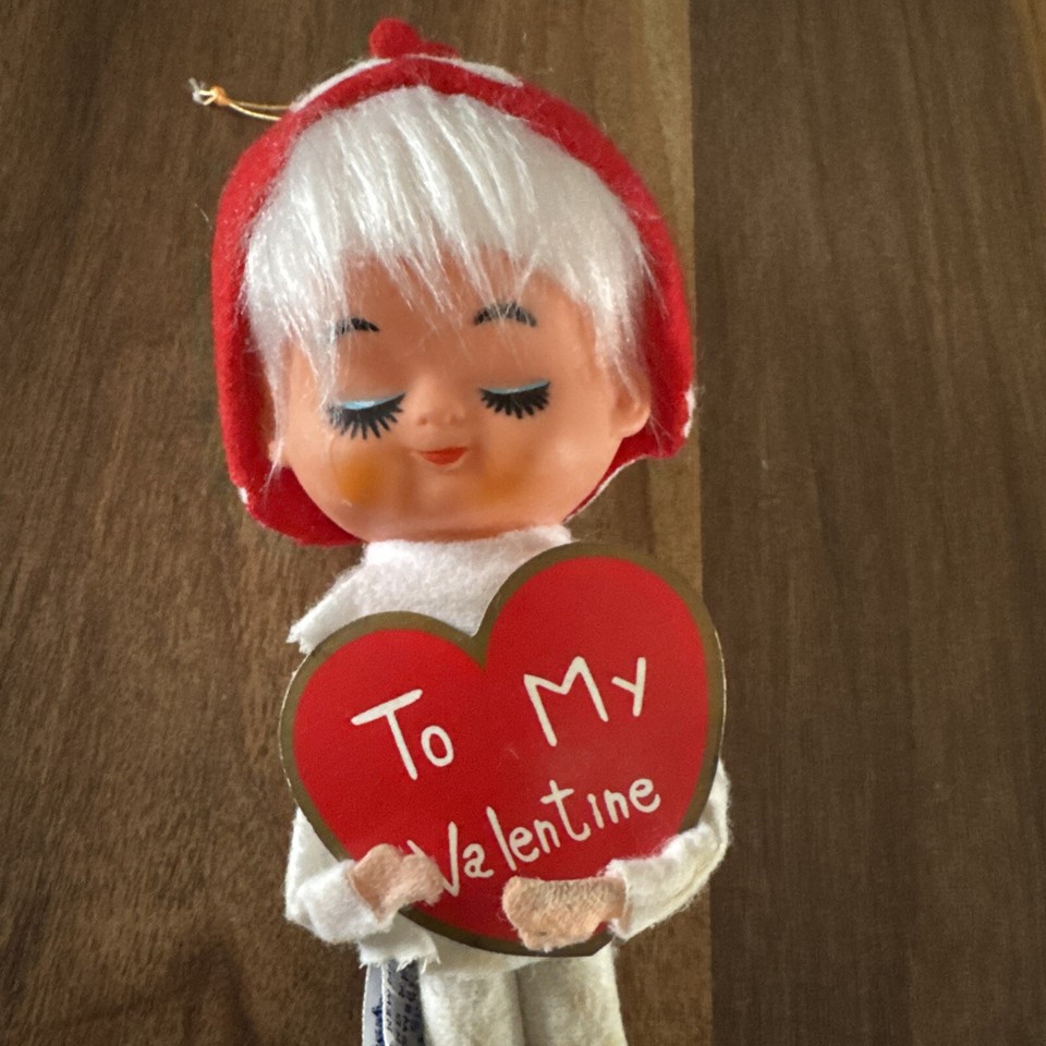 Vintage Kitsch Pixie Elf To My Valentine Felt Rubber Face Doll Japan 8 ...