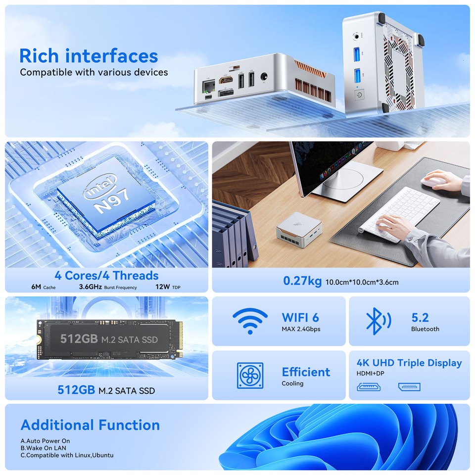 NiPoGi E2 4K Mini PC Windows 11 Pro Intel N97（4C/4T 0.8/3.60 GHz ）16GB ...
