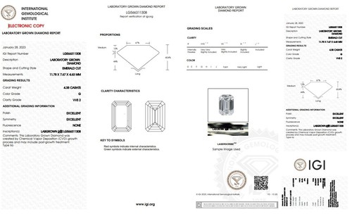 4.38 Ct IGI Certified Lab Grown CVD Diamond, Emerald Cut, G Color, VVS2 ...
