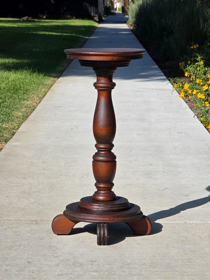 Vintage Round Pedestal Table / Spindle-Turned Stem & 4-Leg Plant Stand ...