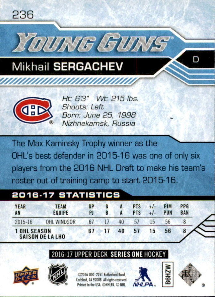 Mikhail Sergachev Signed 16/17 Upper Deck Young Guns card Montreal ...
