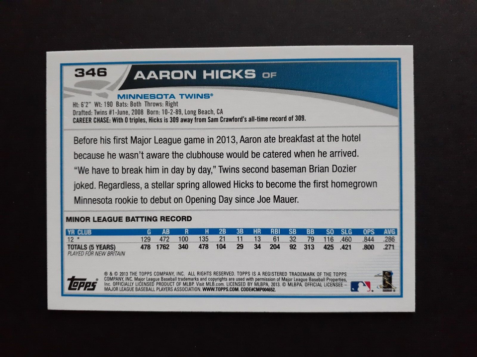 2013 Topps - AARON HICKS Rookie Card #346 - New York Yankees | eBay