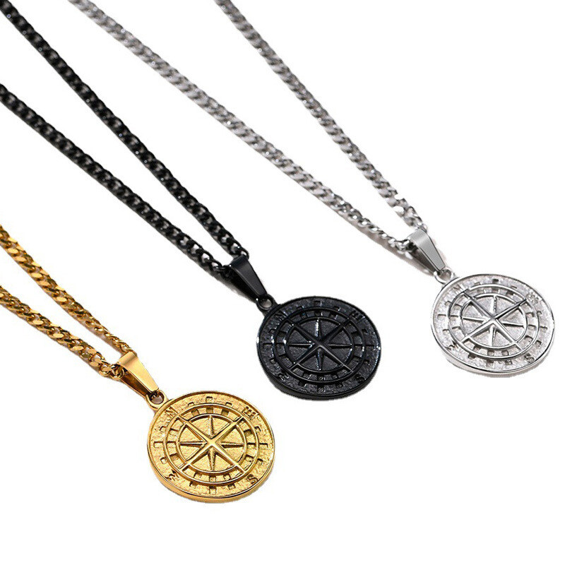 Men's Compass Navigator Necklace Pendant Stainless Steel Chain Hip Hop ...