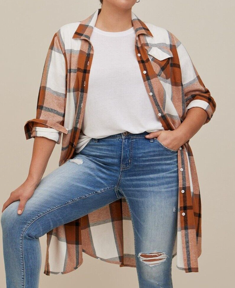 Torrid NWT 1X Cotton Long Line Shacket Dress Brown Orange Plaid Button ...