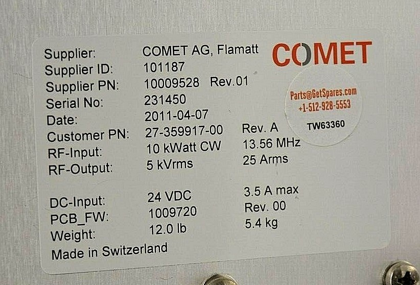 10009528 /RF MATCH,10K WATT CW,13.56MHZ,24VDC,3.5A/ COMET ADVANCED ...