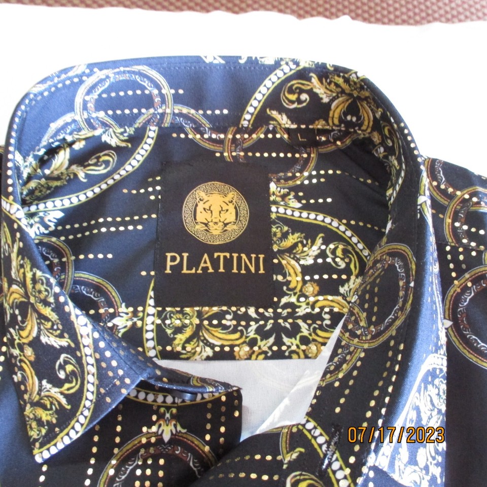PLATINI Elegant BLACK Gold Metallic Foil SHIRT New LARGE Versacchi Like ...