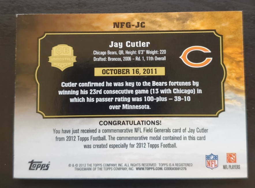 2012 Topps Jay Cutler Field Generals Commemorative Medal 32/50 #NFG-JC ...