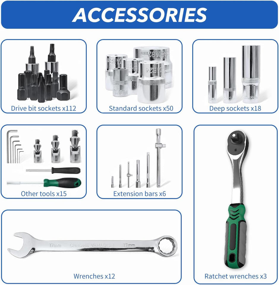 216Pcs Car Tool Kit Ratchet Socket Wrench Sets,Wrench and Socket Set,72 ...