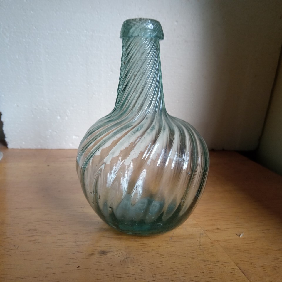 CRUDE PONTILED SMALL AQUA SWIRLED RIB PATTERN MOLD GLOBULAR BOTTLE ...