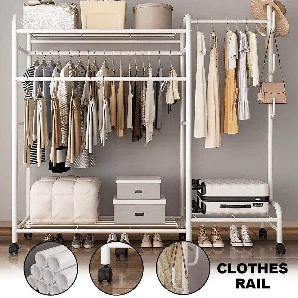 Heavy Duty Double Clothes Rail Rack Garment Hanging Stand Open Wardrobe ...
