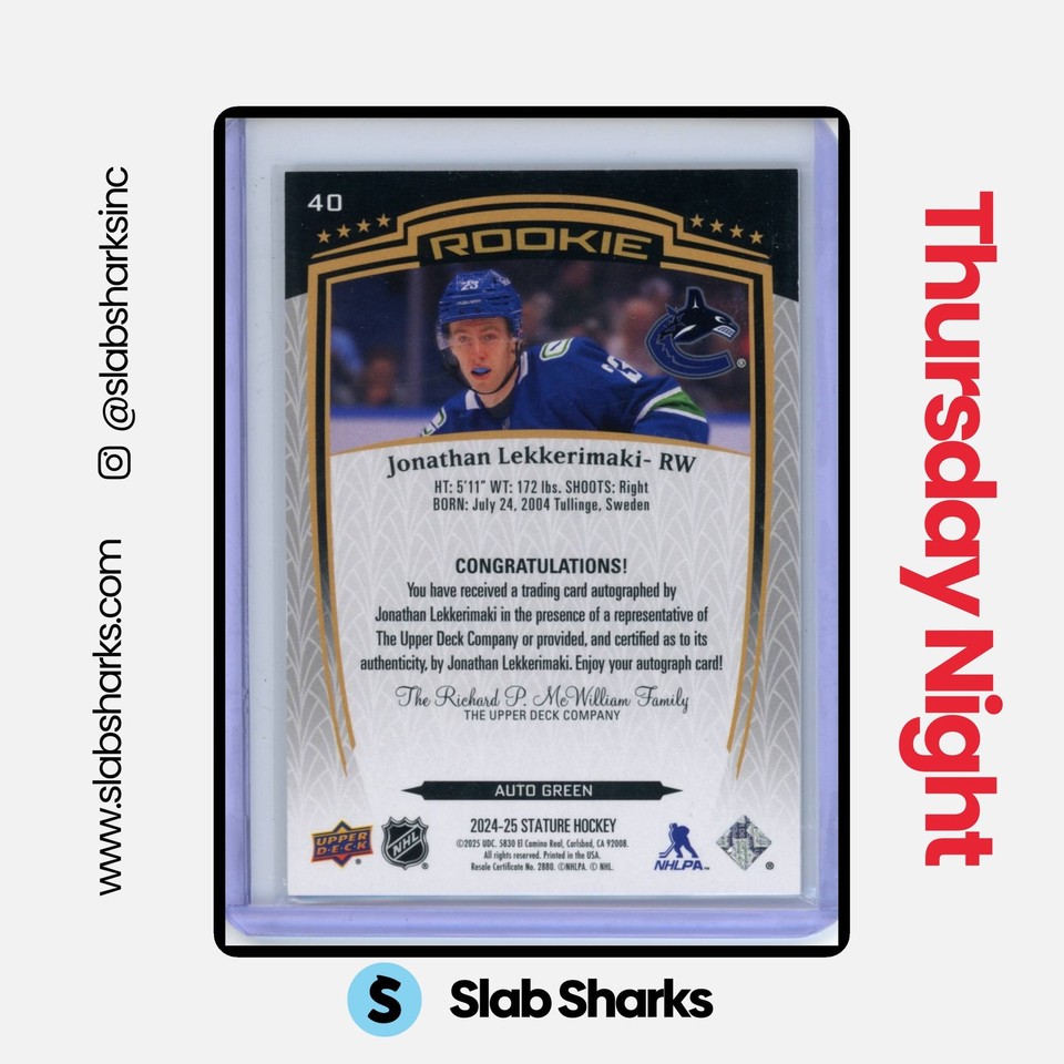2024 UPPER DECK STATURE #40 JONATHAN LEKKERIMAKI AUTO GREEN RC ROOKIE ...