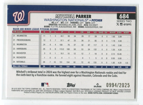 MITCHELL PARKER WASHINGTON NATIONALS 2025 TOPPS MLB GOLD CARD SP #0994/ ...