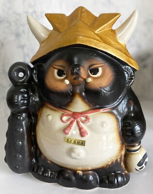 Japanese Tanuki Raccoon Dog Shigaraki pottery J gold KABUTO SAMURAI ...