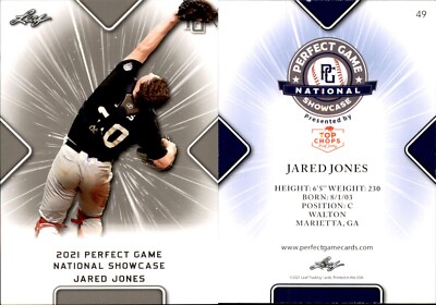 JARED JONES 2021 LEAF PERFECT GAME "NATIONAL SHOWCASE" ROOKIE CARD #49 ...