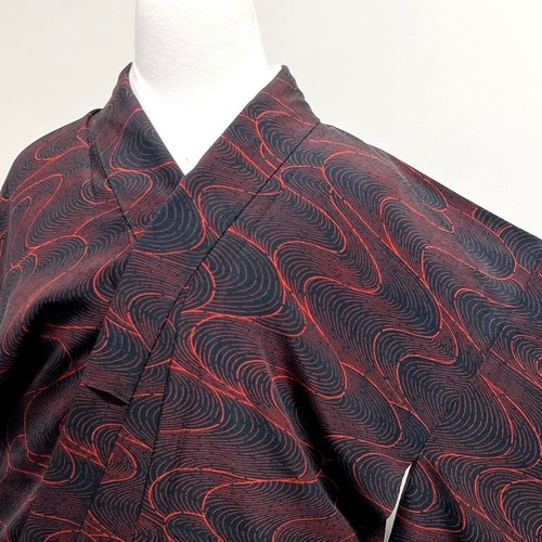 Small Monotone Kimono with Flowing Water Pattern, Black & Red Stripes ...
