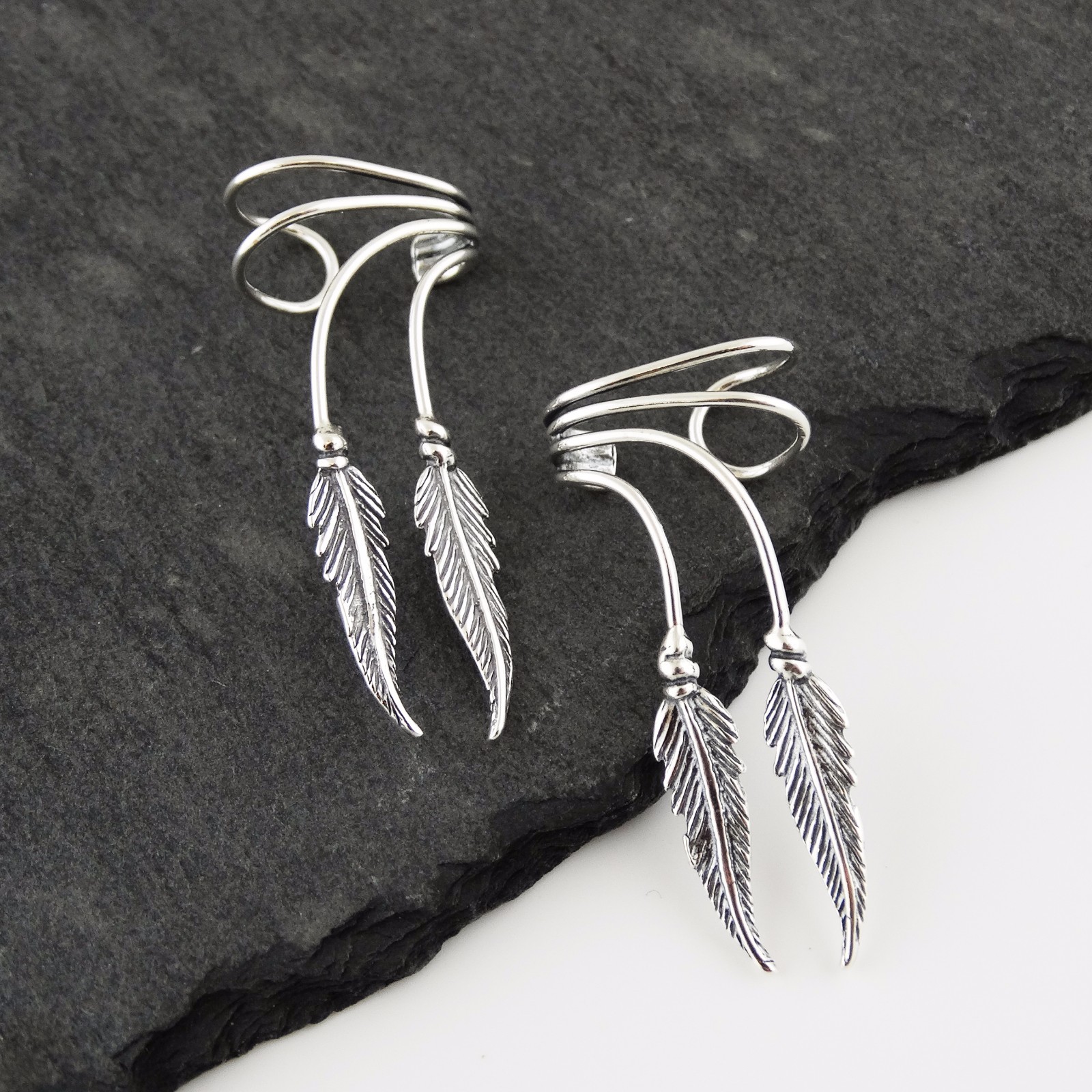 Two Feathers Ear Cuff Earrings - 925 Sterling Silver - Feather No ...