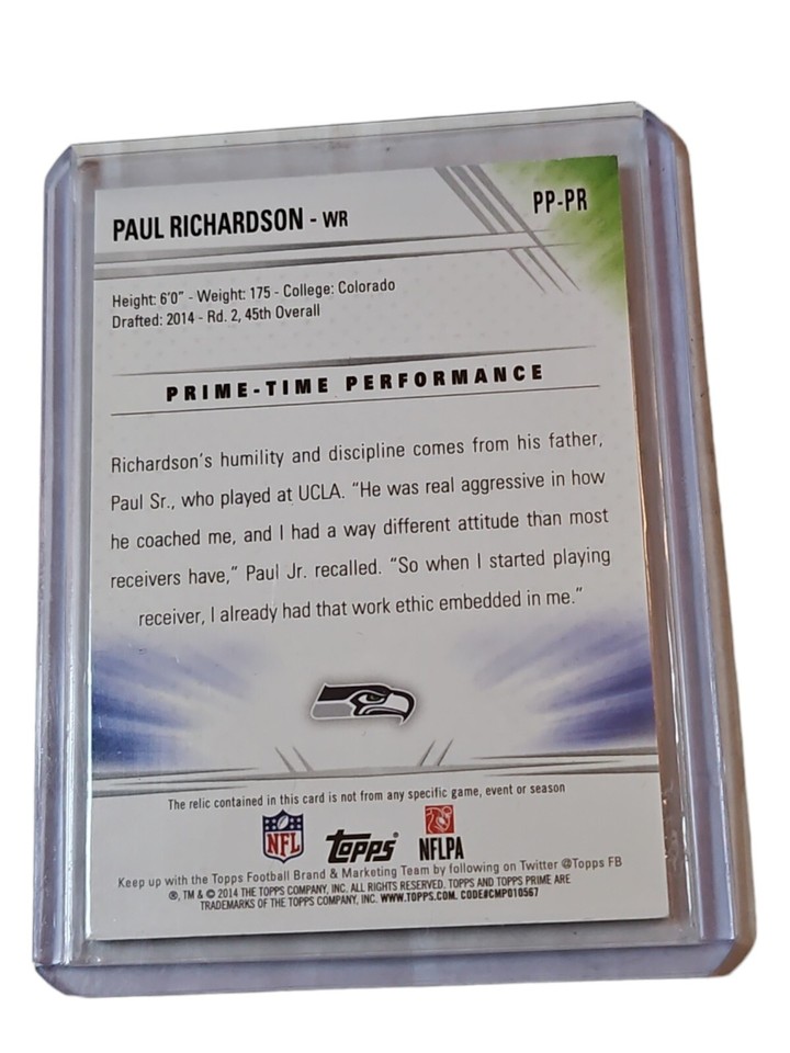 2014 Topps Prime Prime Patch Paul Richardson #PP-PR Rookie Patch RC ...