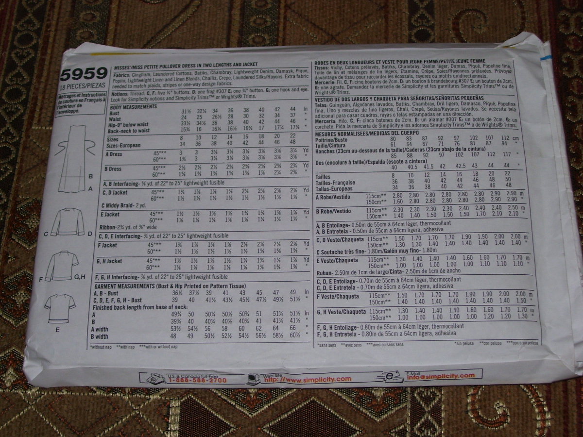 🌷SIMPLICITY #5959-LADIES SLEEVELESS DRESS-MANDARIN STYLE JACKET PATTERN ...