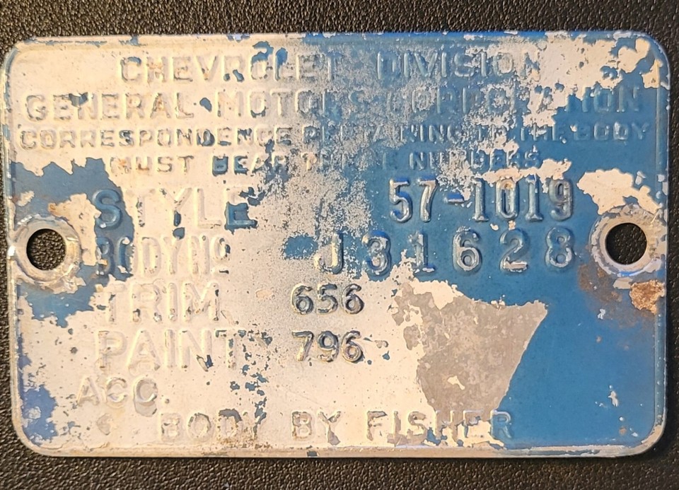 2 Original 1957 Chevrolet Cowl Data Tags 57-1019 Body By Fisher | eBay