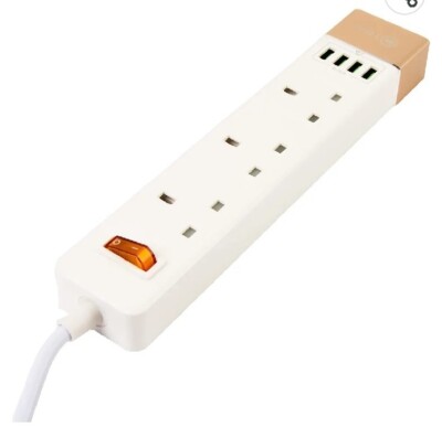UK Power Strip 4 USB Ports 3 Way Outlet Extension Lead Surge Protection ...