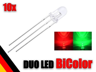 10 Pieces DUO LED 3mm Bi-Color Red / Green Clear 3-Pin Common Anode ...