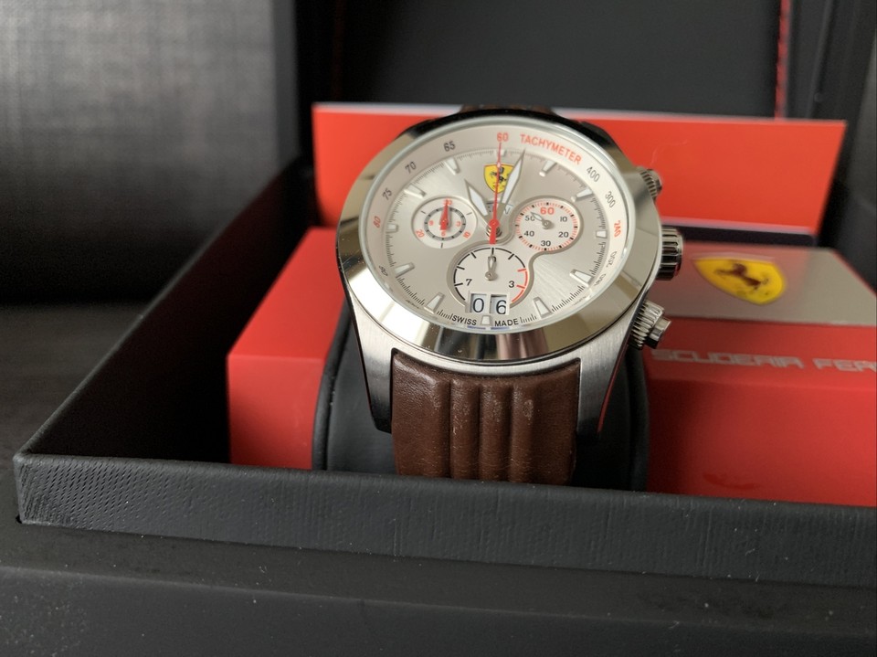 Ferrari Paddock Chronograph Watch Silver with Brown Leather Strap | eBay