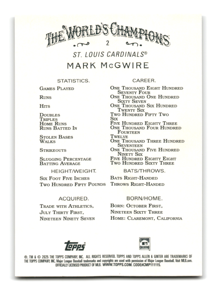 2025 Topps Allen & Ginter - Mark McGwire #2 (Silver Portrait Parallel ...