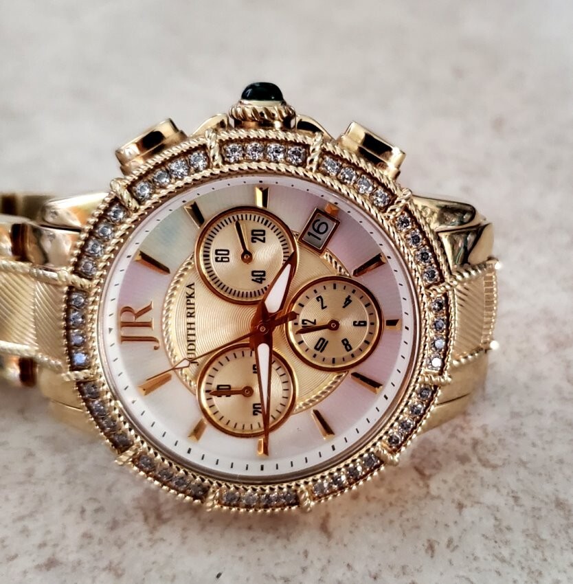 Judith Ripka Watch Chronograph Jeweled Gold Tone Mother of Pearl Dail 7 ...
