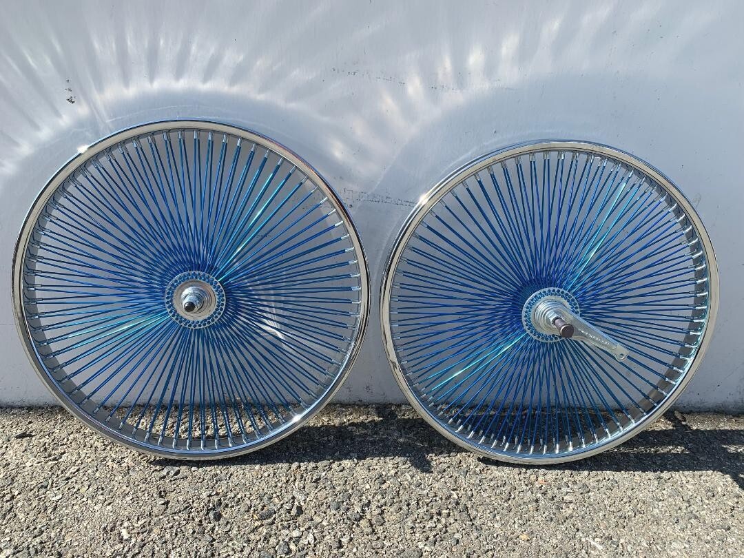 CHROME BICYCLE 20" STEEL WHEELSET W/ 140 BLUE SPOKES LOWRIDER CRUISER ...