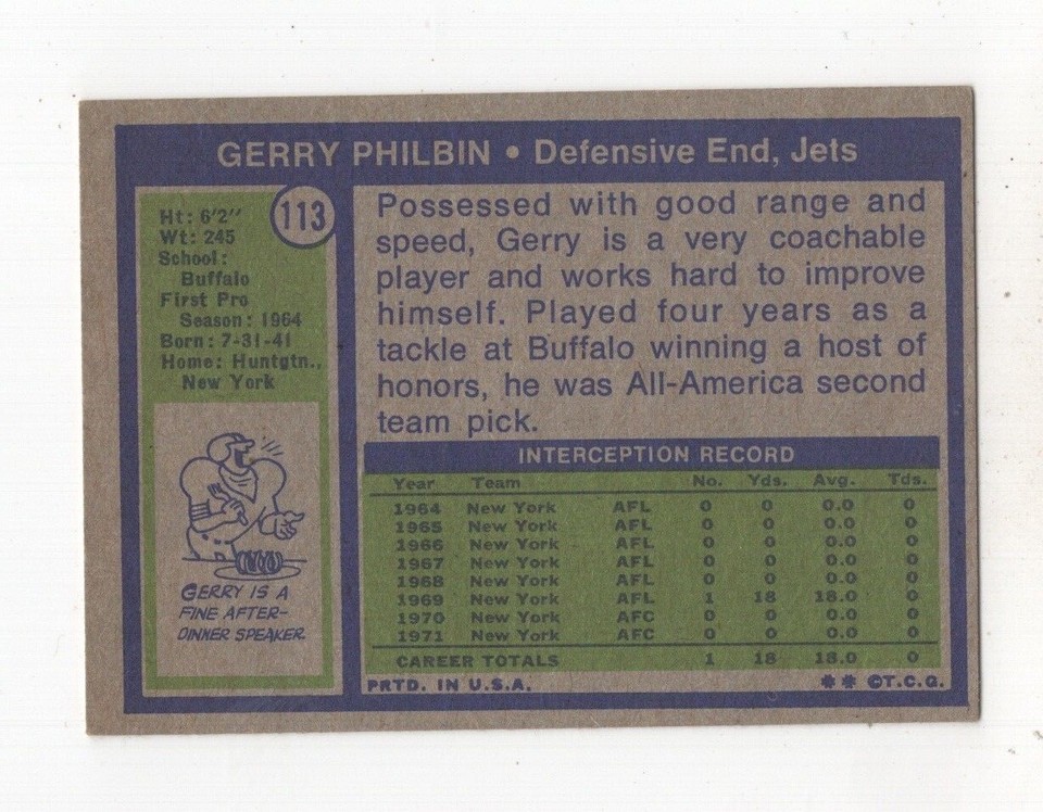 1972 TOPPS FOOTBALL GERRY PHILBIN NEW YORK JETS #113 | eBay