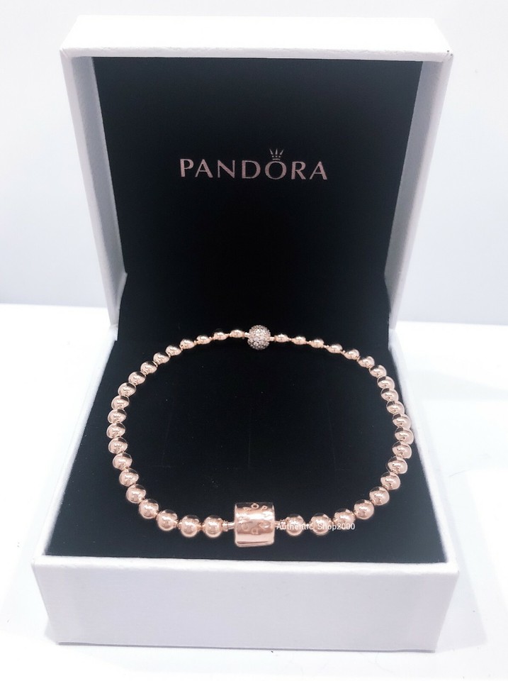 NEW Authentic PANDORA Rose Gold Beads & Pave CZ Logo Clasp Bracelet ...
