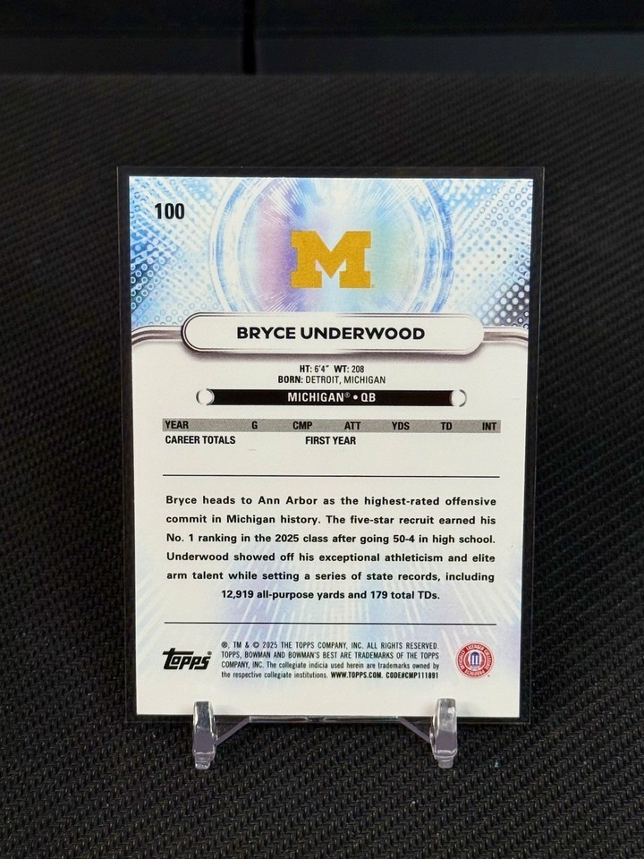 2025 Bowman Best Bryce Underwood #100 Michigan Wolverines | eBay