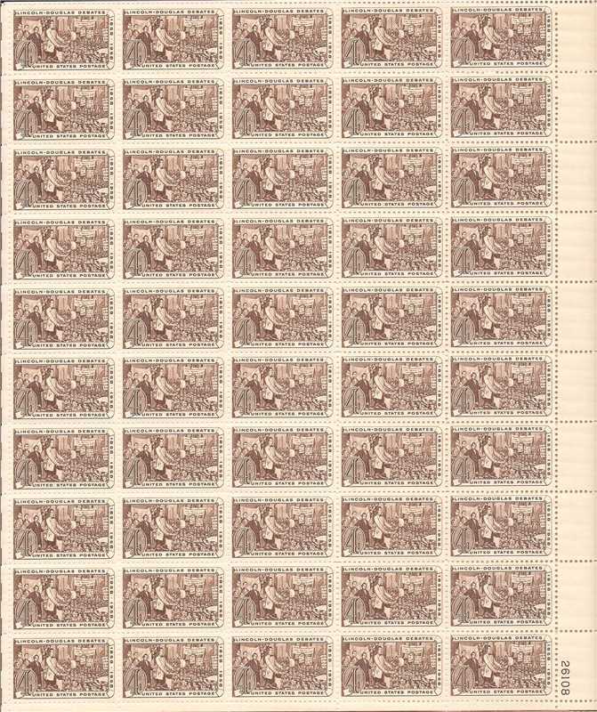 US Stamp 1958 4c Sesquicentennial Lincoln-Douglas Debate 50 Stamp Sheet ...