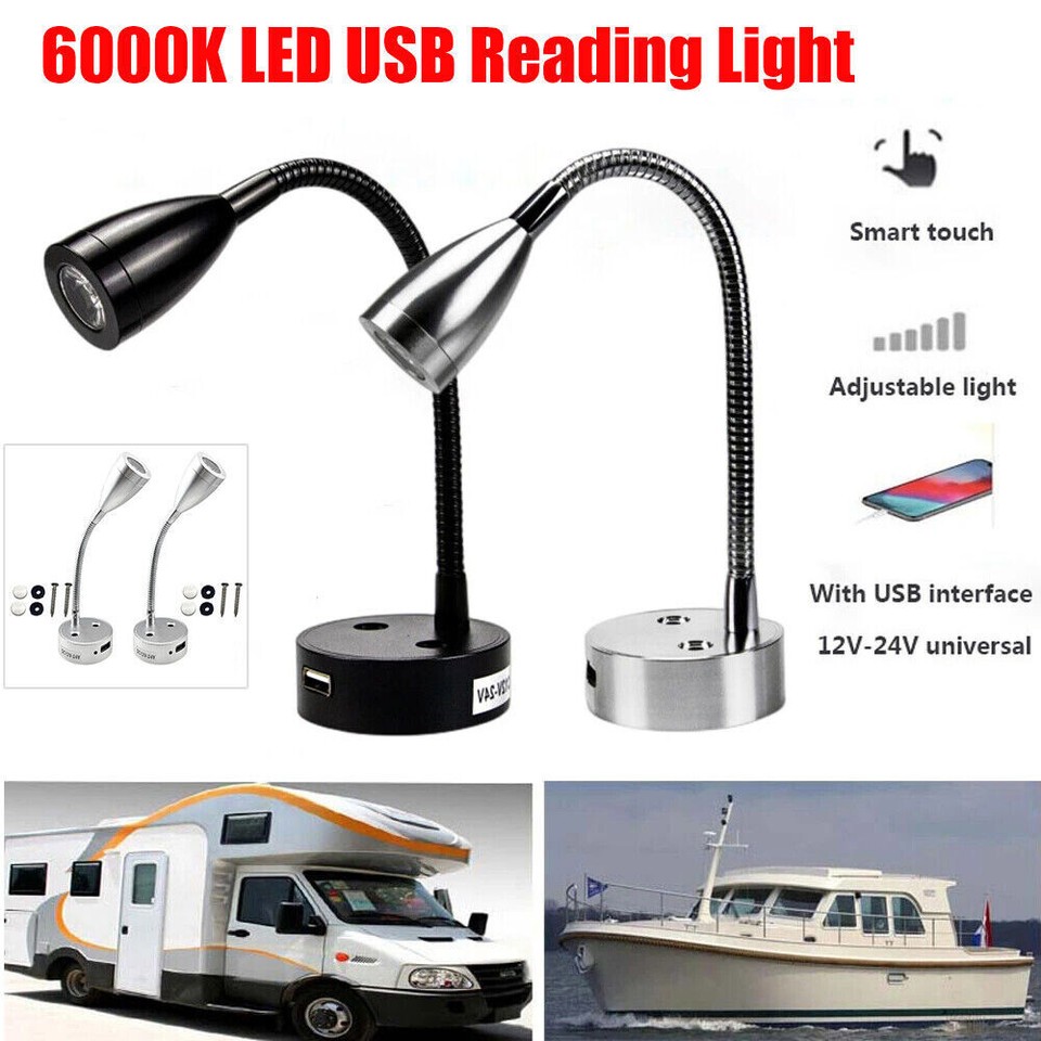 2 x 12v LED Touch Dimmable USB Spot Reading Light Campervan Caravan ...