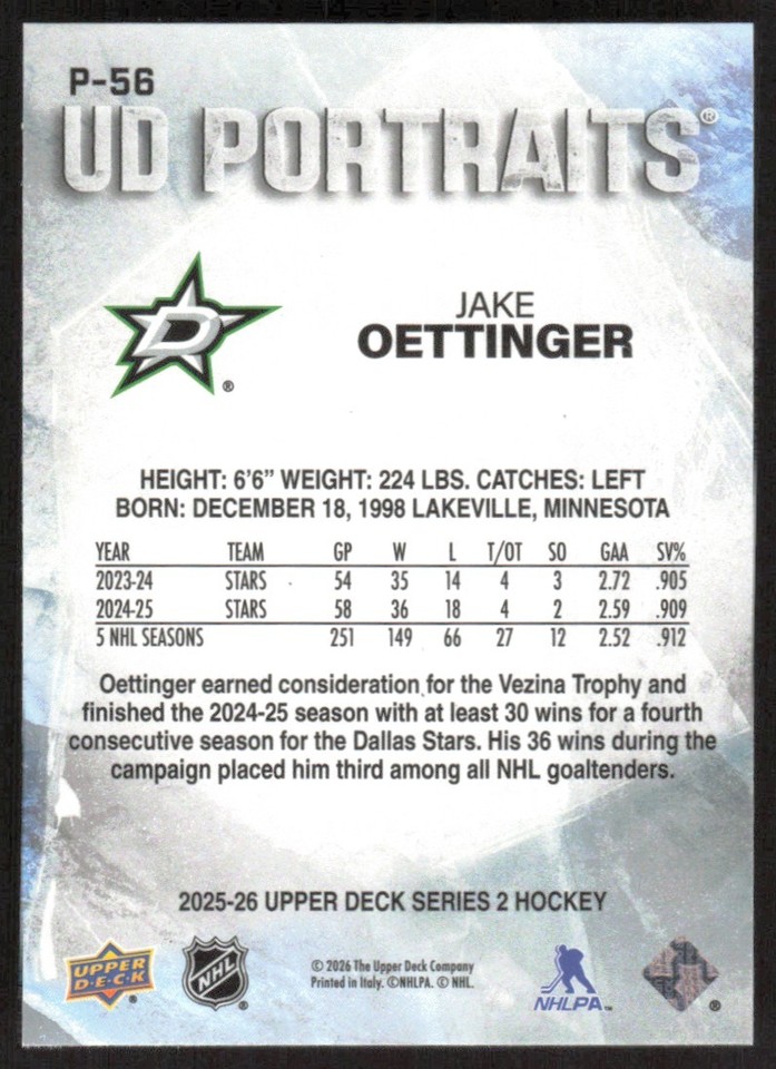 2025-26 UD Series 2 Jake Oettinger P-56 UD Portraits | eBay