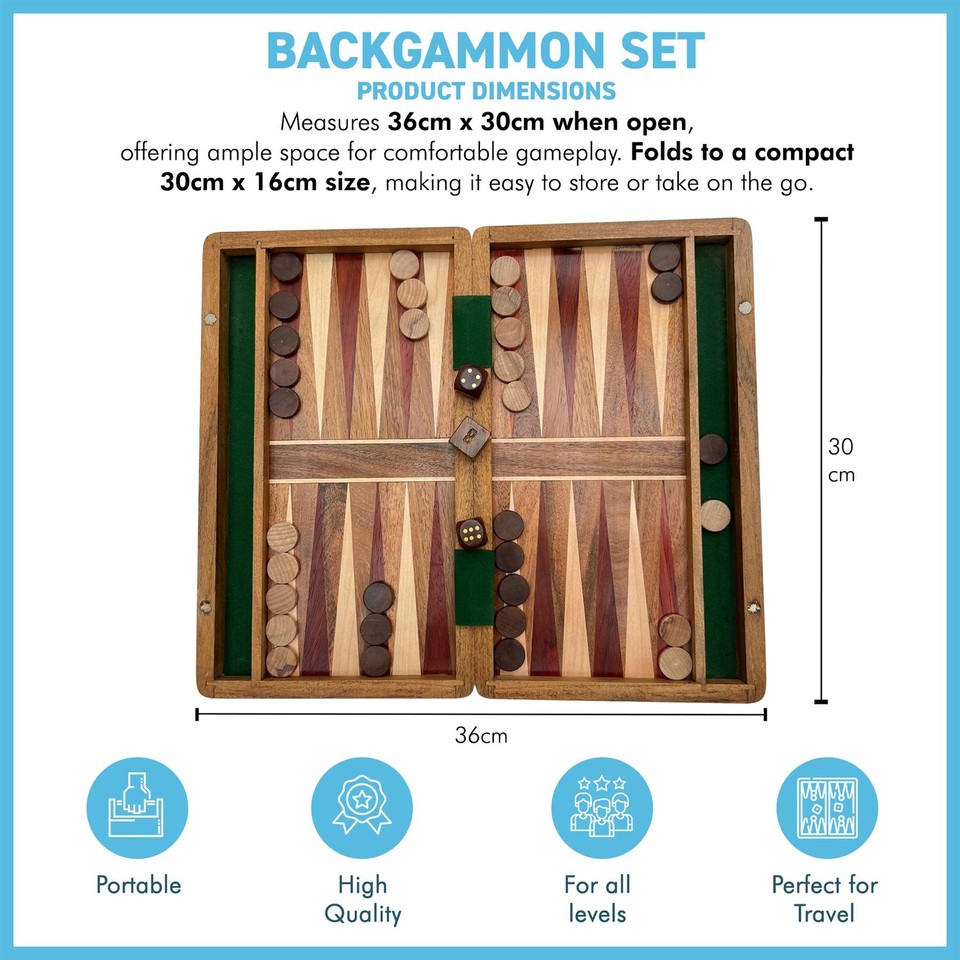 Wooden Inlaid Backgammon Set 36cm x 30cm Classic Game with Pieces ...