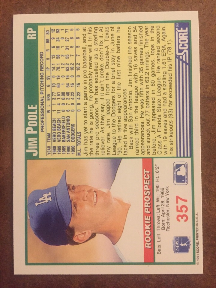 Jim Poole 357 Rookie Prospect Score 1991 MLB Baseball Trading Card | eBay