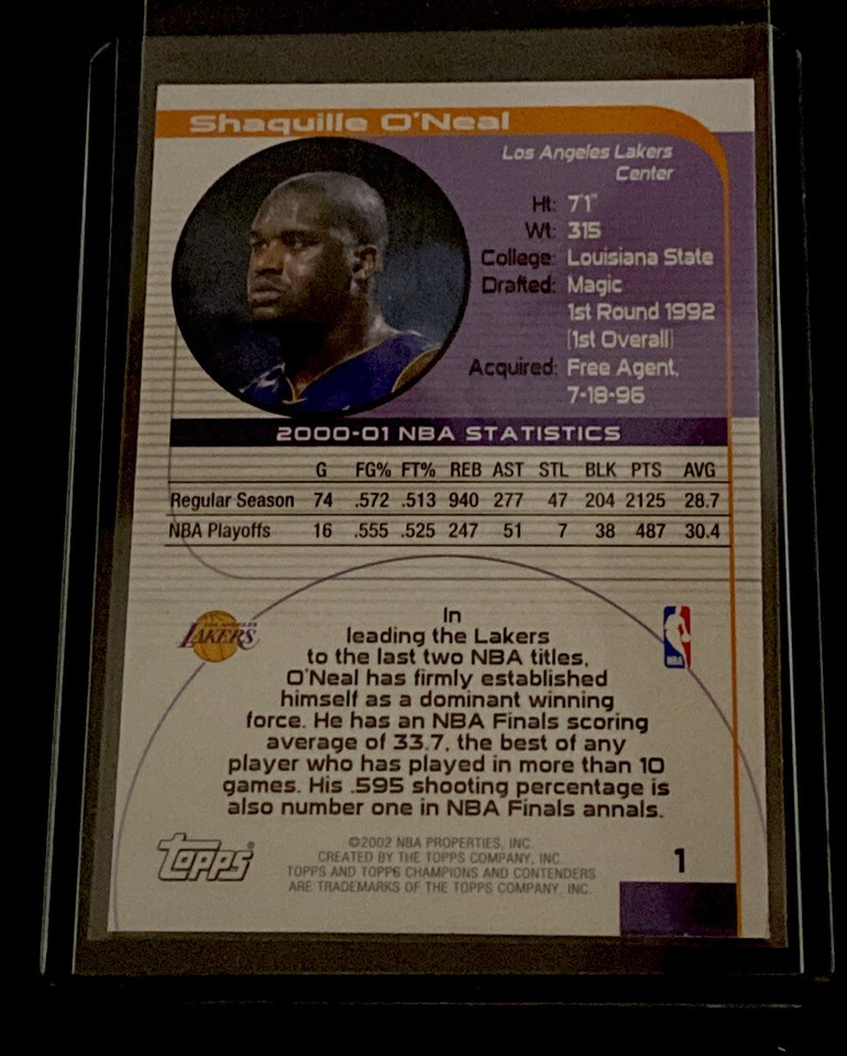 2001-02 Topps TCC Los Angeles Lakers Basketball Card #1 Shaquille O ...