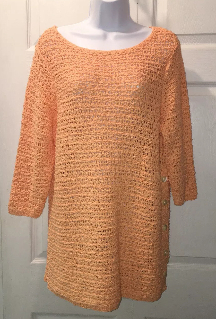 J.Jill Peach Open Knit Cotton Side Button Closure Tunic Sweater Sz M ...