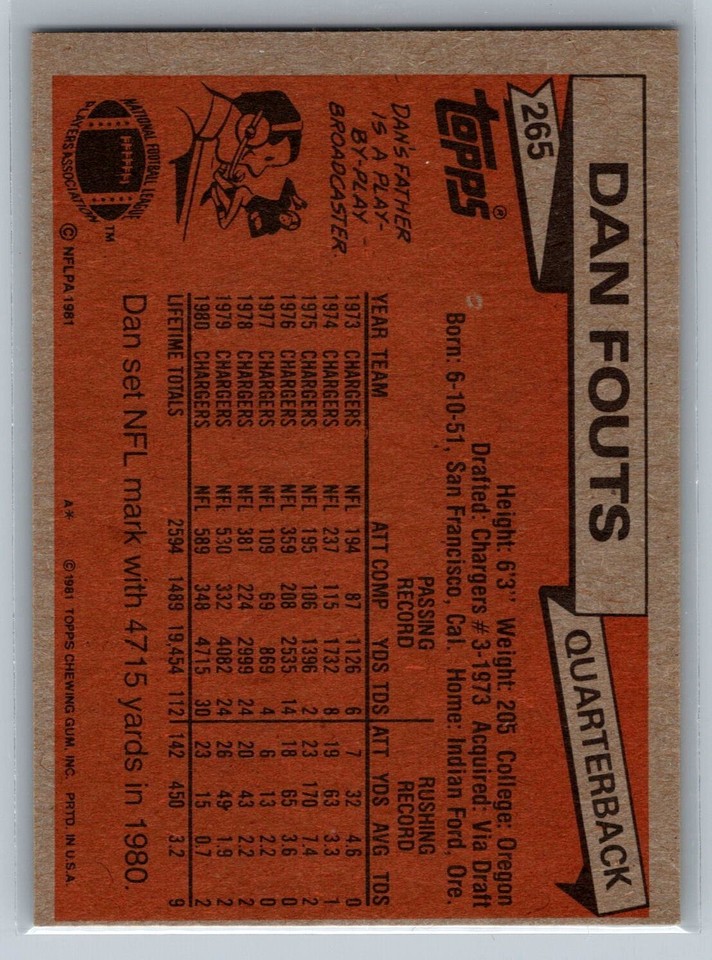 1981 Topps #265 Dan Fouts San Diego Chargers HOF Oregon Ducks | eBay
