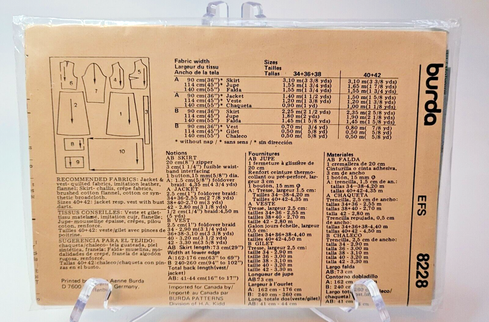 RARE! Burda Sewing Pattern 8228 Misses Tiered Skirt, Jacket, & Vest 8 ...