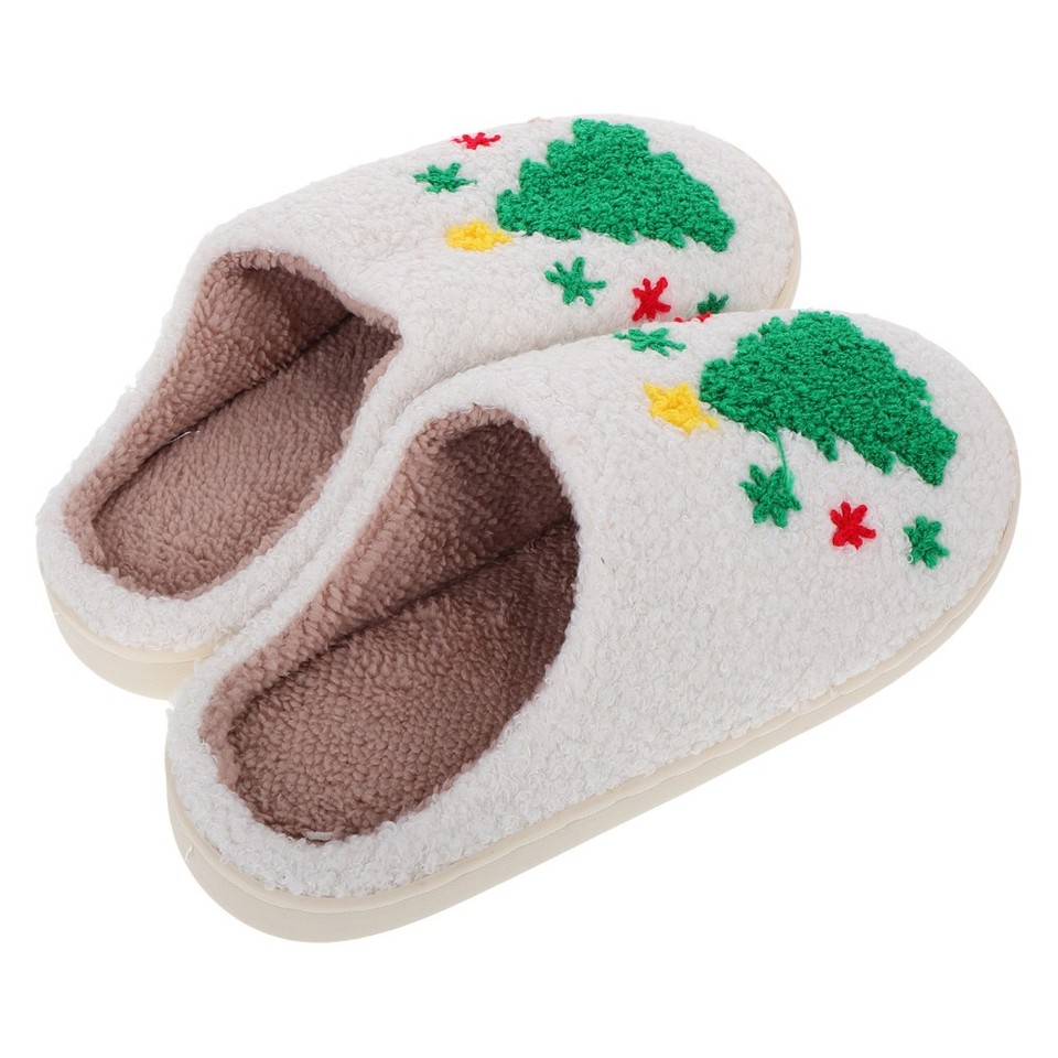 1 Pair Of Fluffy Christmas Tree Slippers For Women And Men Cozy Indoor ...