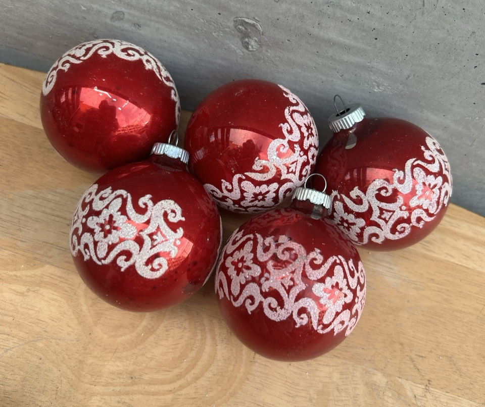 Lot 5 VTG Blood Red Shiny Brite Stenciled Mercury Glass Christmas Tree ...