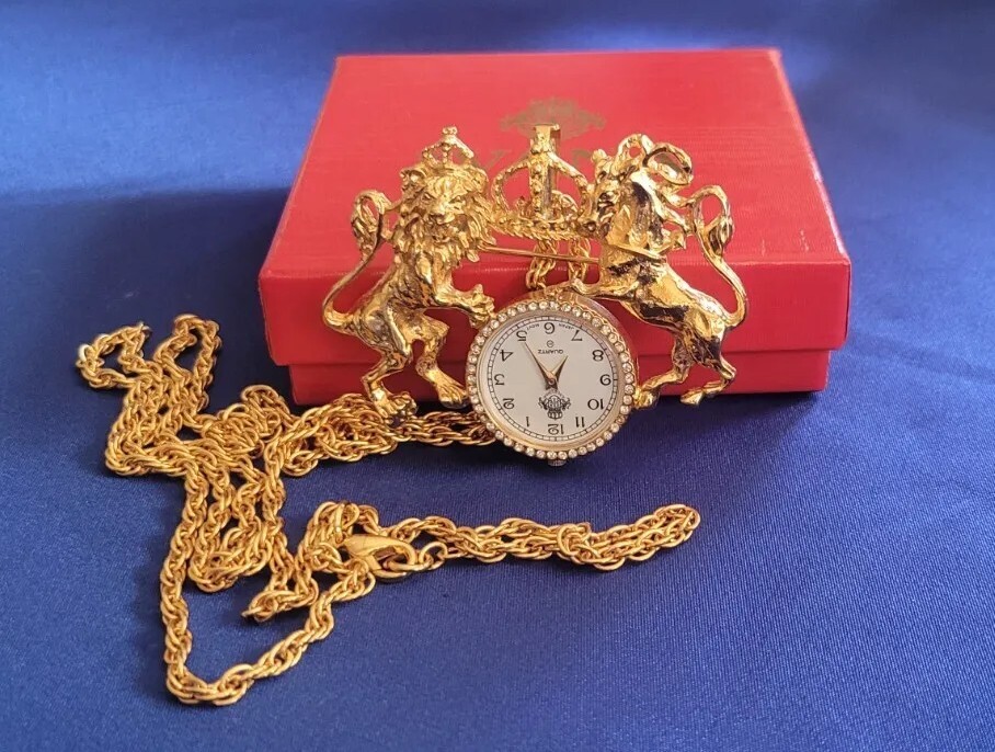 IVANA TRUMP Goldtone Watch Brooch Pendant Necklace Cr… - Gem