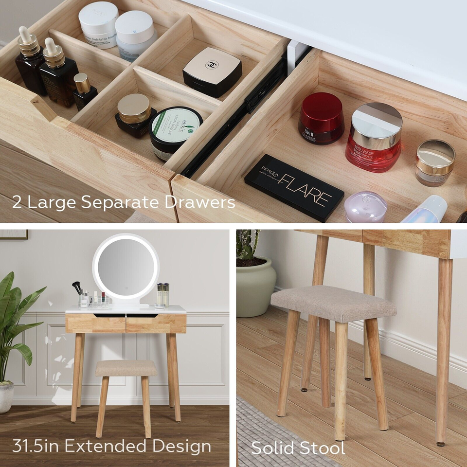 LED Lighted Dressing Table Set Wooden 2 Drawer Modern Make Up Vanity ...